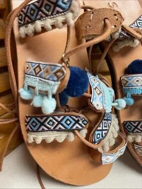 Savvas | Shoes | Boho Pompom Laceup Sandals In Tan And Blue | Poshmark